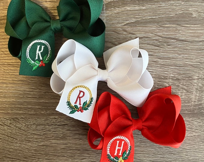 4 or 5" Christmas Wreath Embroidered Hair Bow, Christmas Wreath ...