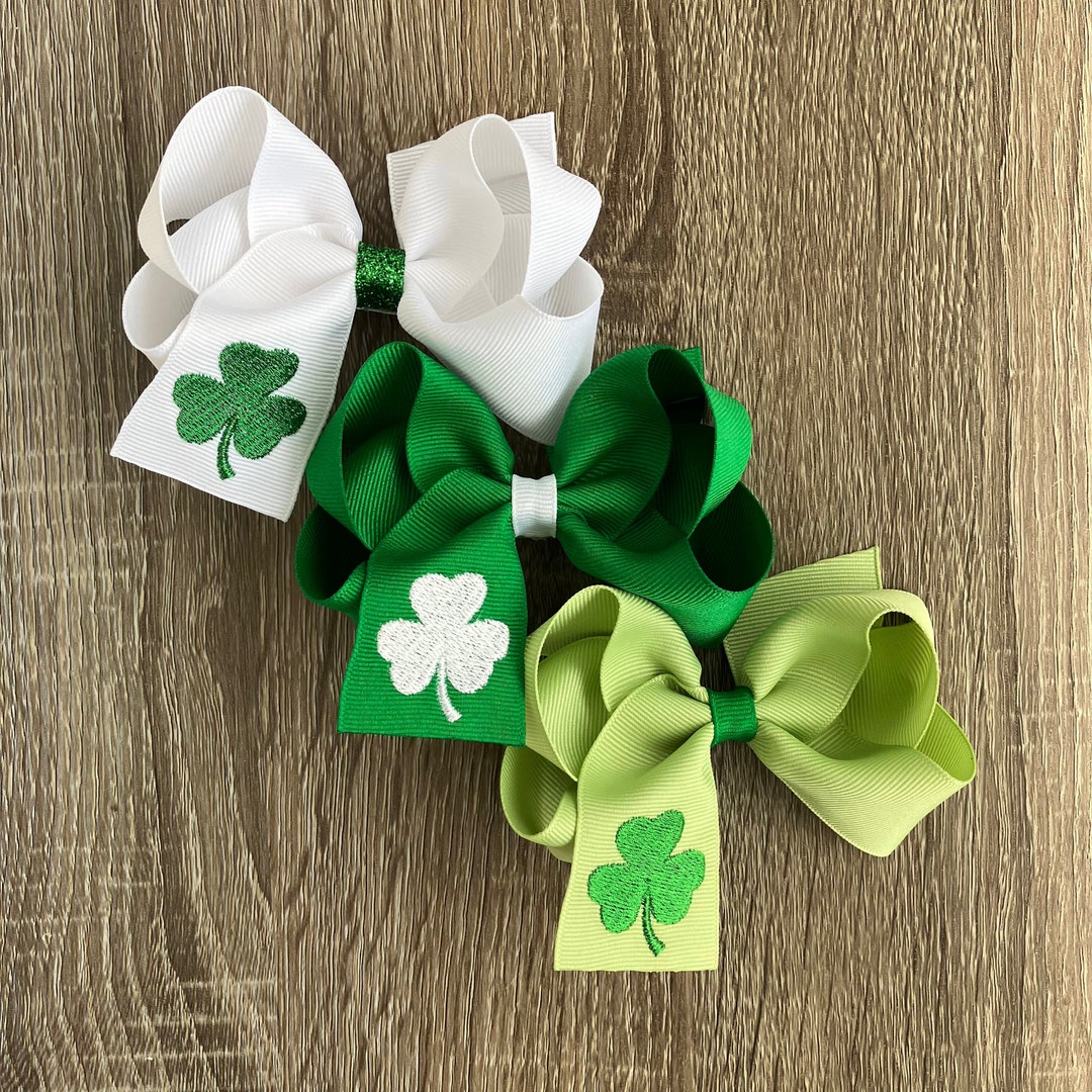 St. Patrick's Day Hair Bow With Shamrock Embroidered, Green Boutique ...