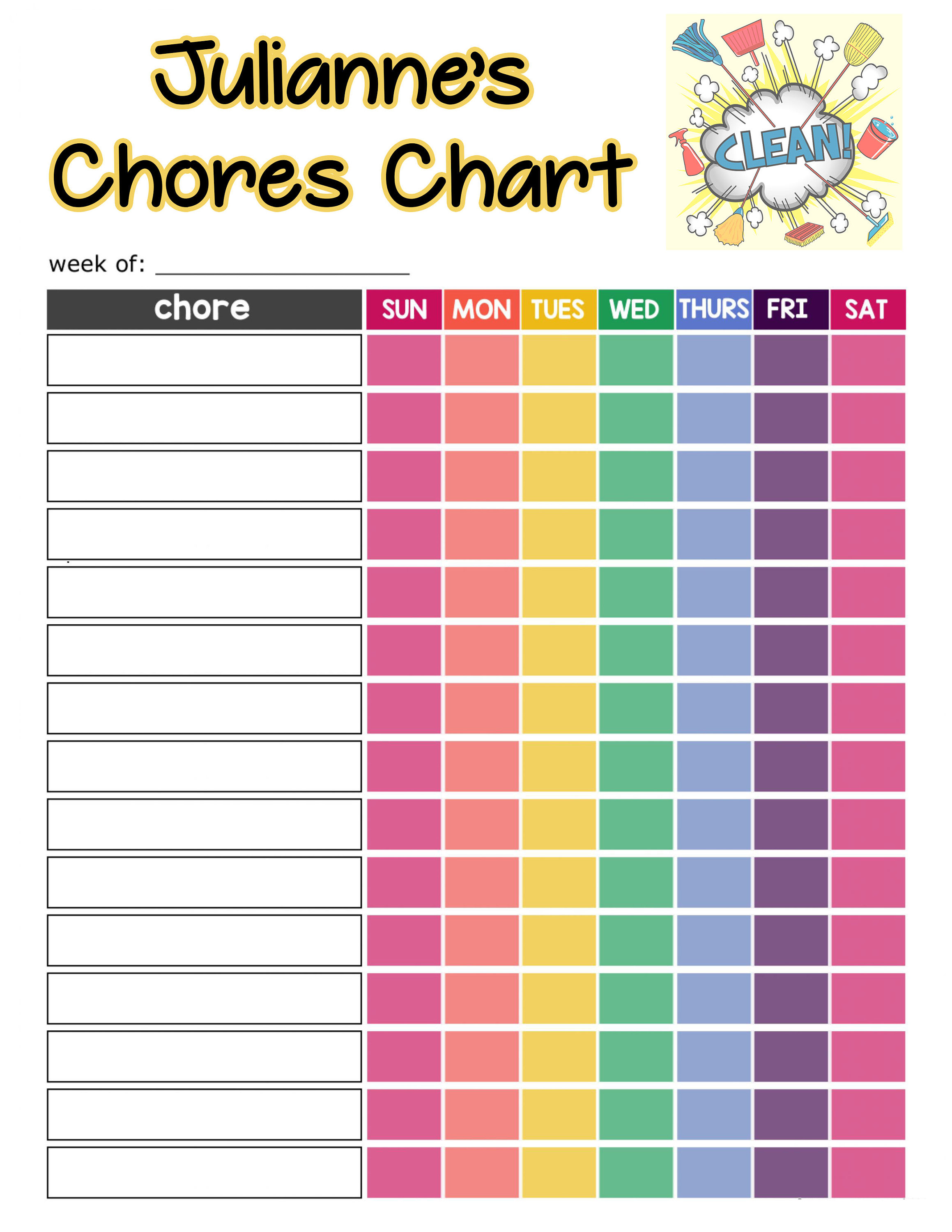 Personalized Printable Chores Chart. Blank, Customizable Name. - Etsy