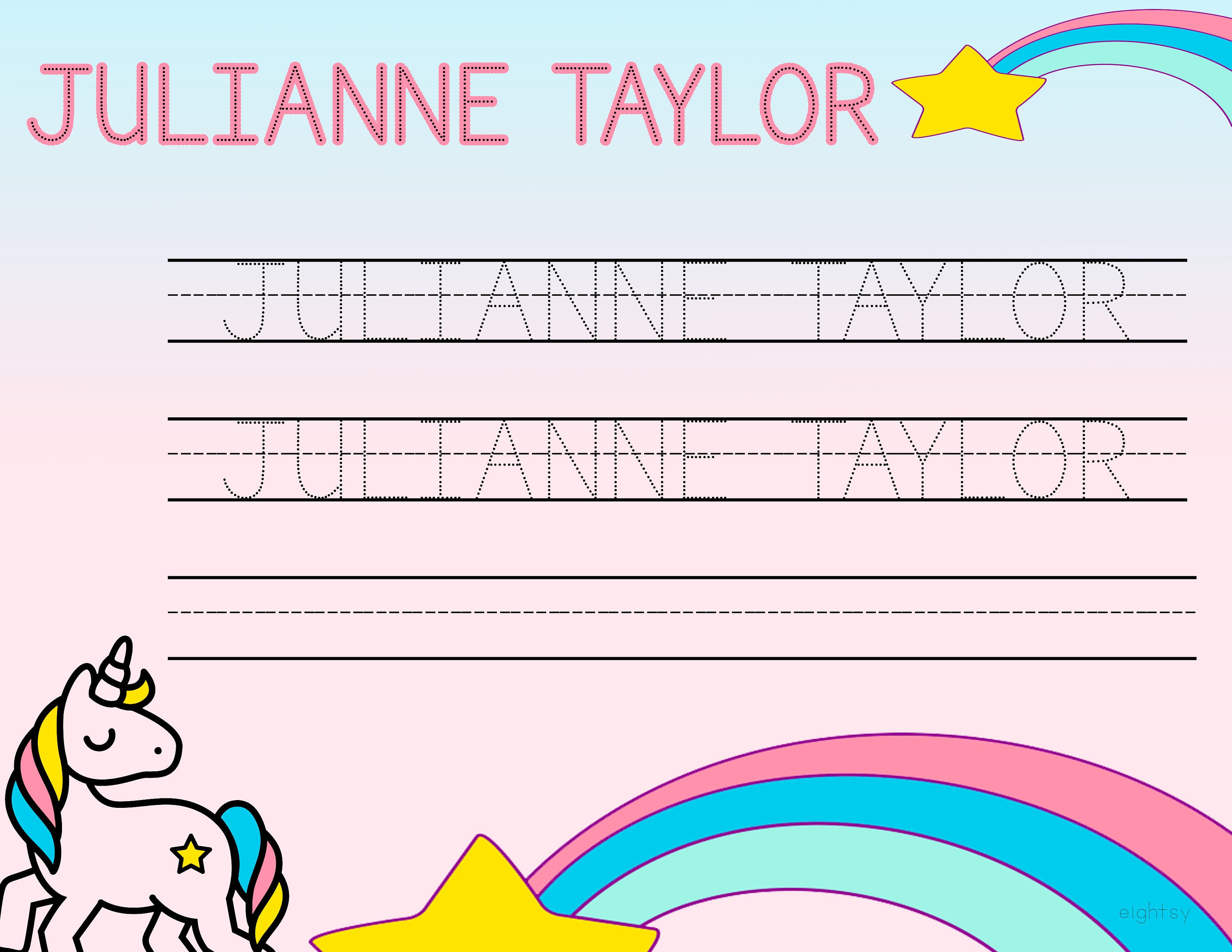 Custom Name Tracing Practice. Unicorn Handwriting Trace Personalized ...