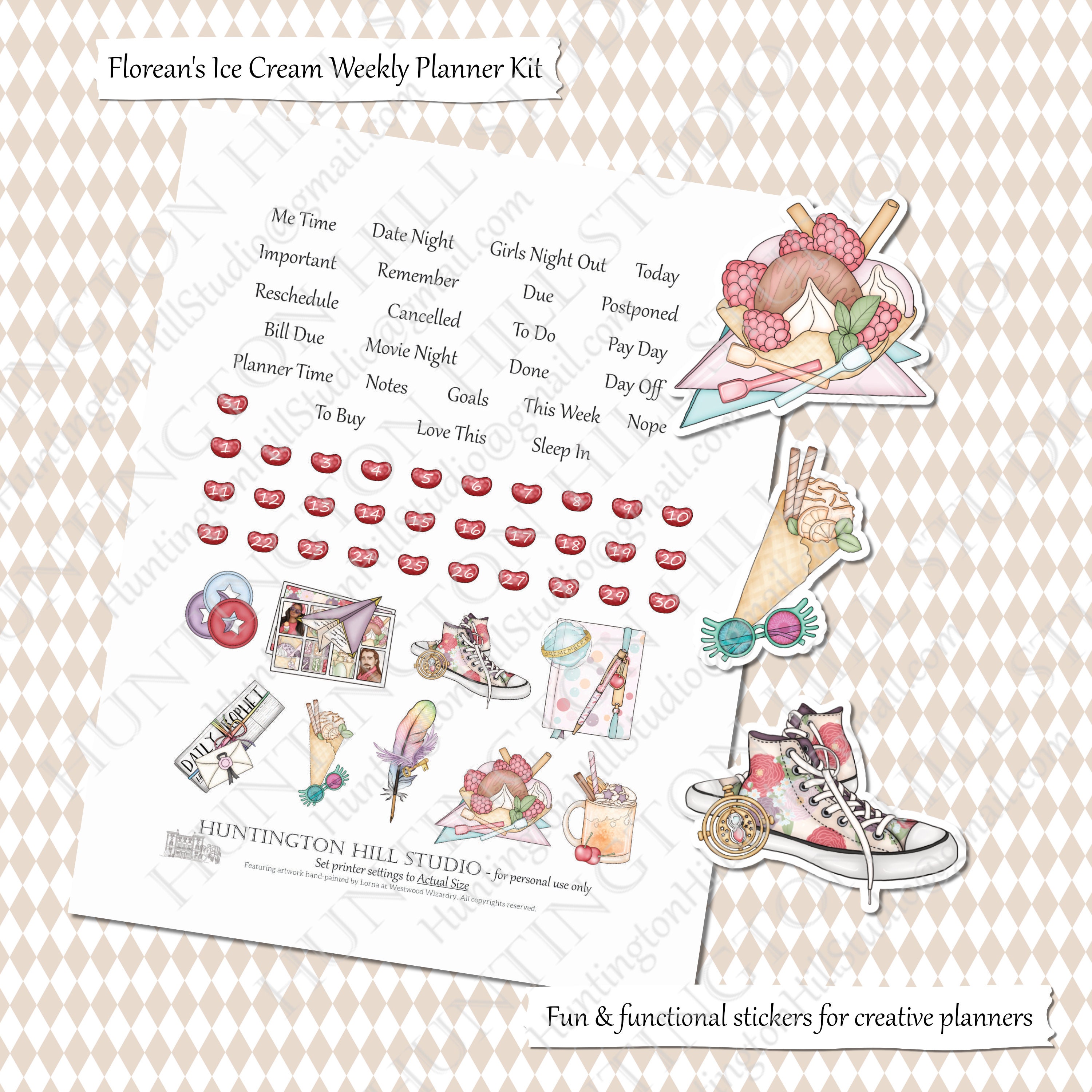 Printable Ice Cream Shop Planner Stickers, Weekly Sticker Kit, HP Big ...
