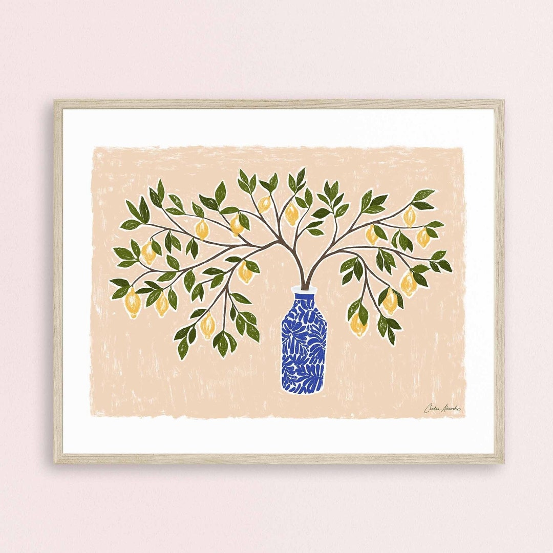 Italian Lemon Art Print: Blue Vase Mediterranean Decor - Etsy