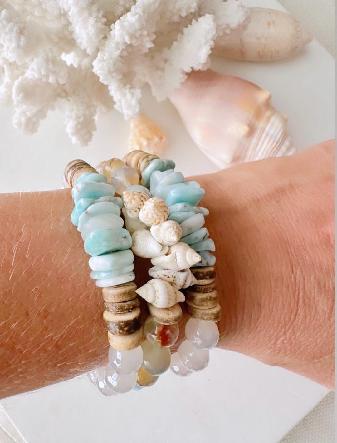Larimar Bracelets, Blue Beachy Bracelets, Seashell Coastal Bracelets, Beachy Boho Bracelets ...
