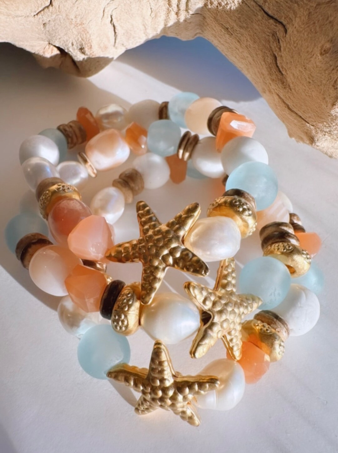 Starfish Seaglass Bracelet, Beachy Bracelets, Peach Sunstone Bracelets, Seaglass Jewelry ...
