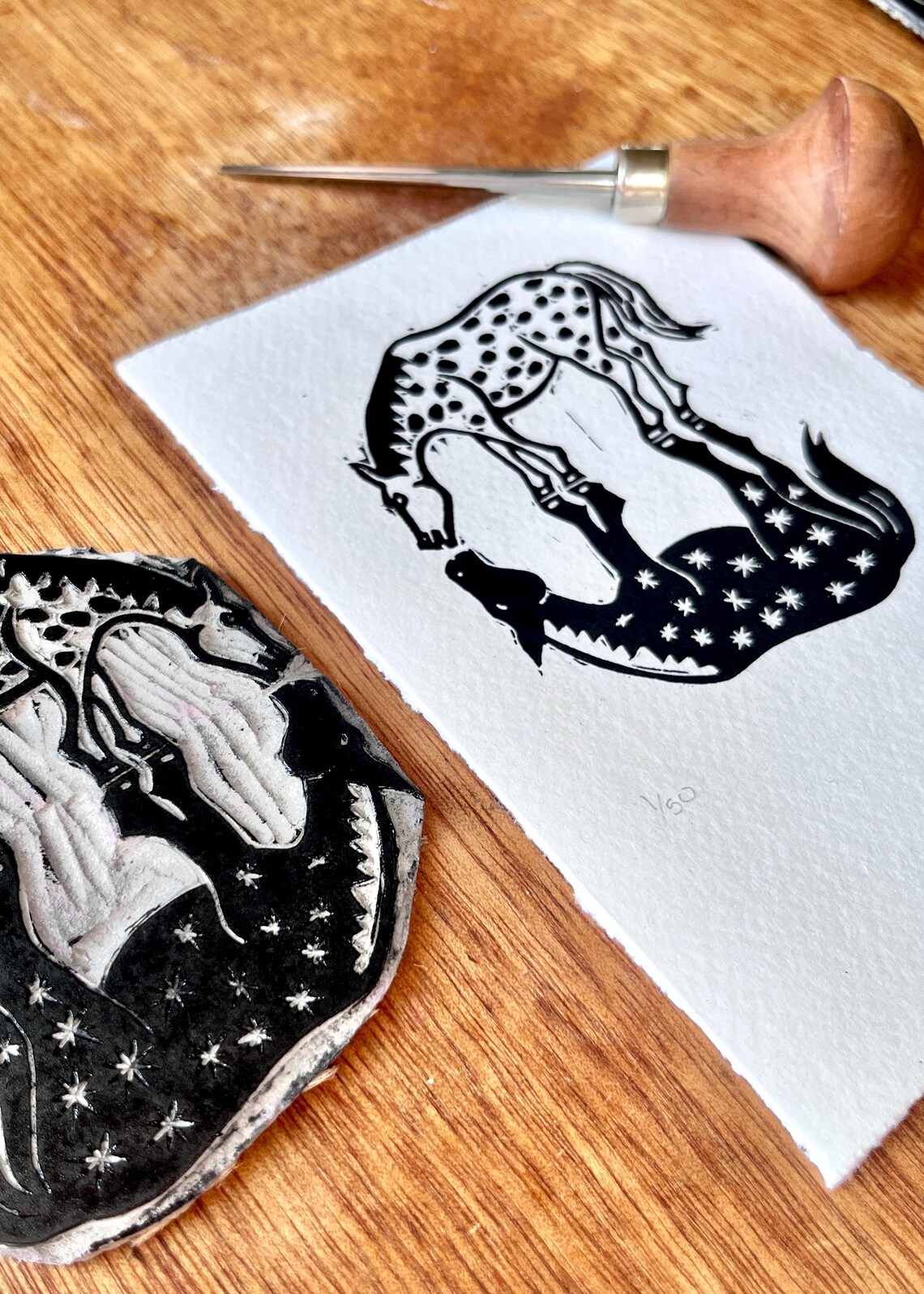 Reflecting Horses Linocut Print: Mystical Gothic Wall Art - Etsy
