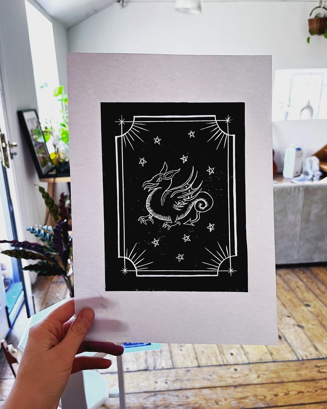 Original Handprinted Baby Dragon Lino Print A4 - Etsy