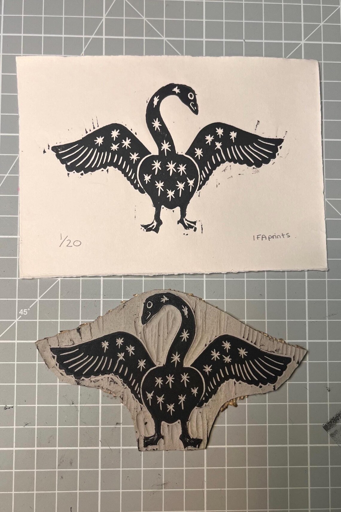 Swan Linocut Print: Starry Bird, Handmade Block Art - Etsy