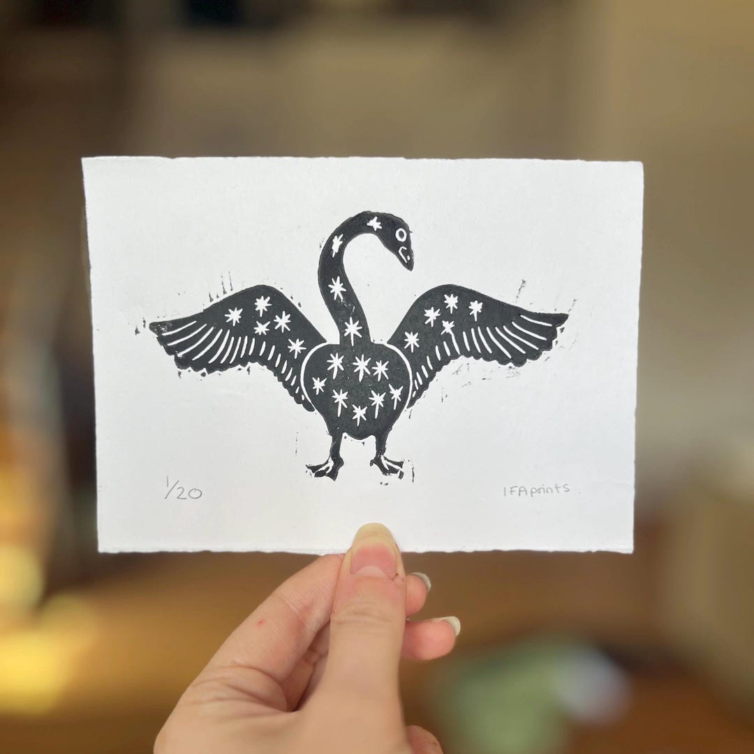 Swan Linocut Print: Starry Bird, Handmade Block Art - Etsy