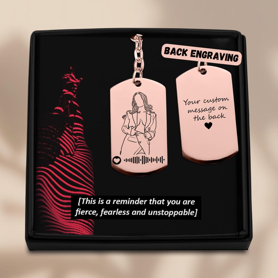 Custom Line Art Keychain | Engraved Portrait, Music Code | Rose Gold ...