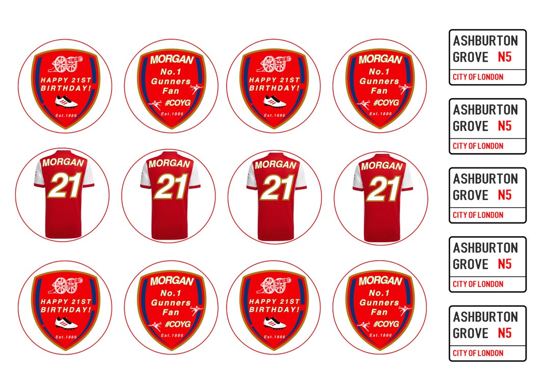 Arsenal Inspired Cupcake Toppers Pre Cut - Personalised Edible Football ...