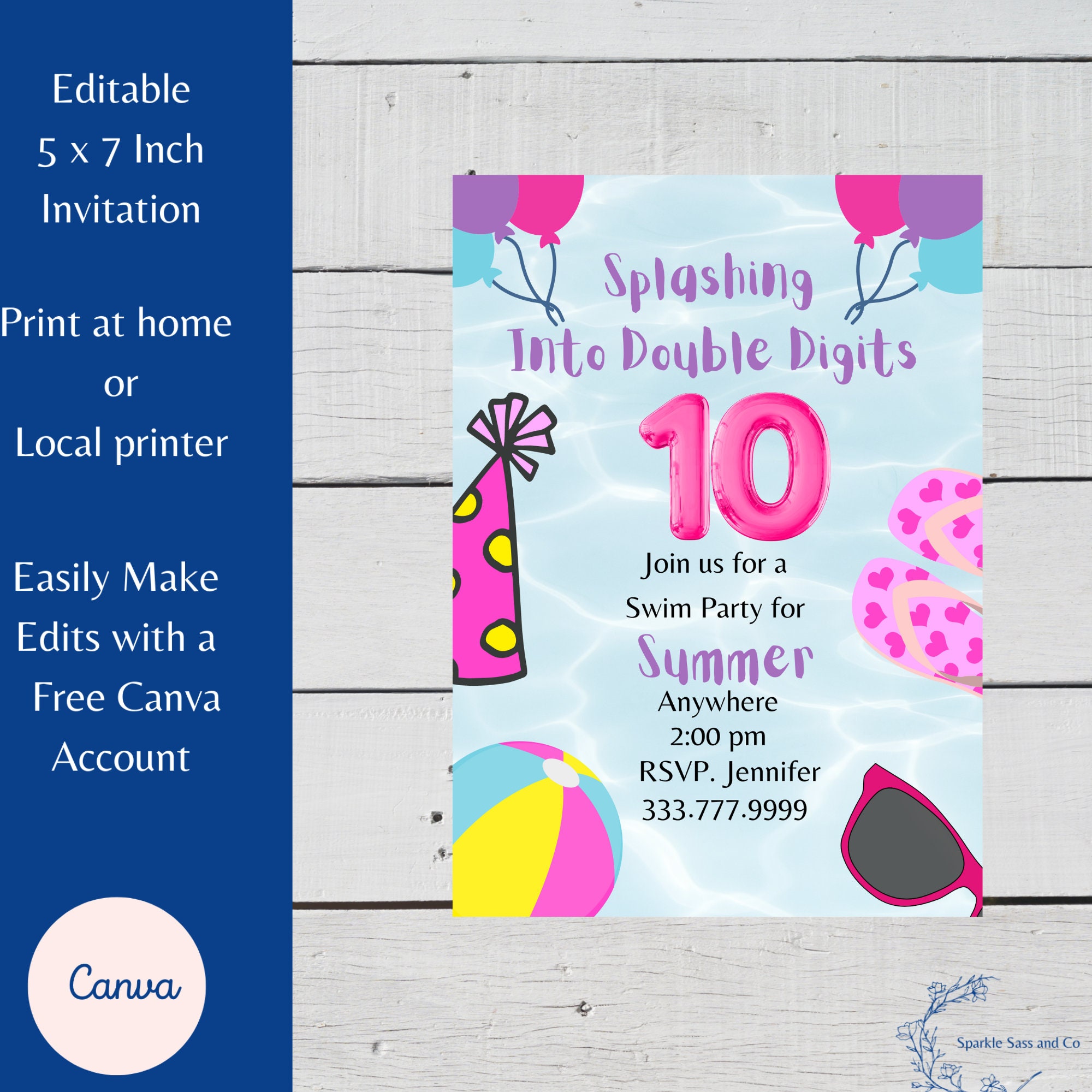 Printable | Splashing Into Double Digits | Party | Editable | Instant ...