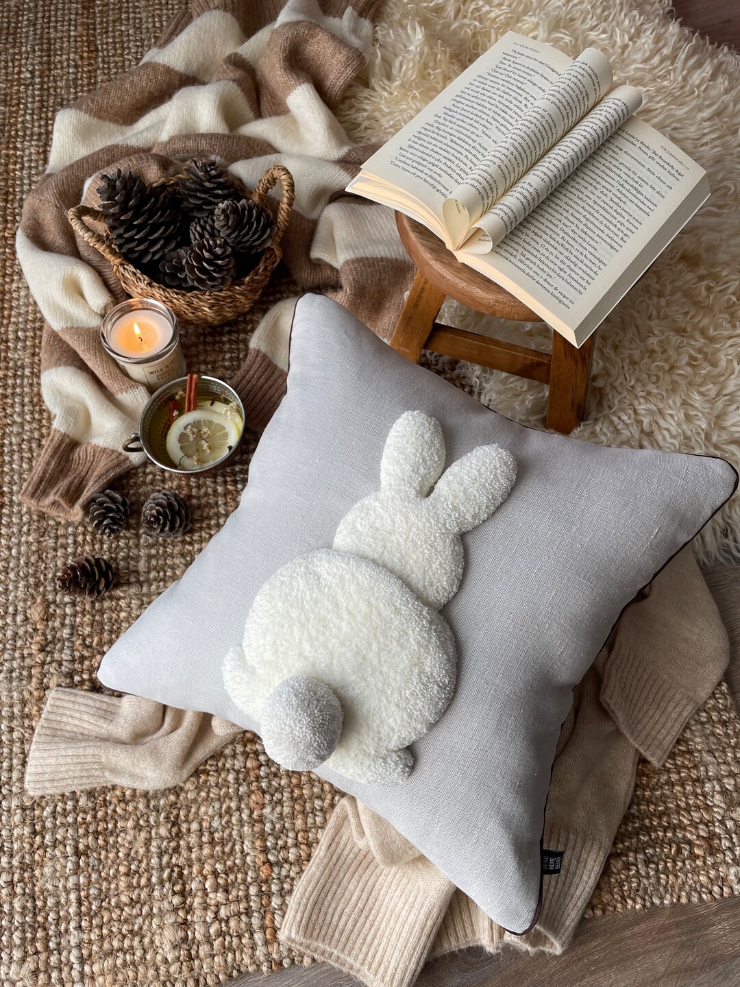 Hand Embroidered Linen Rabbit Pillow, Tufted Kids Decor - Etsy