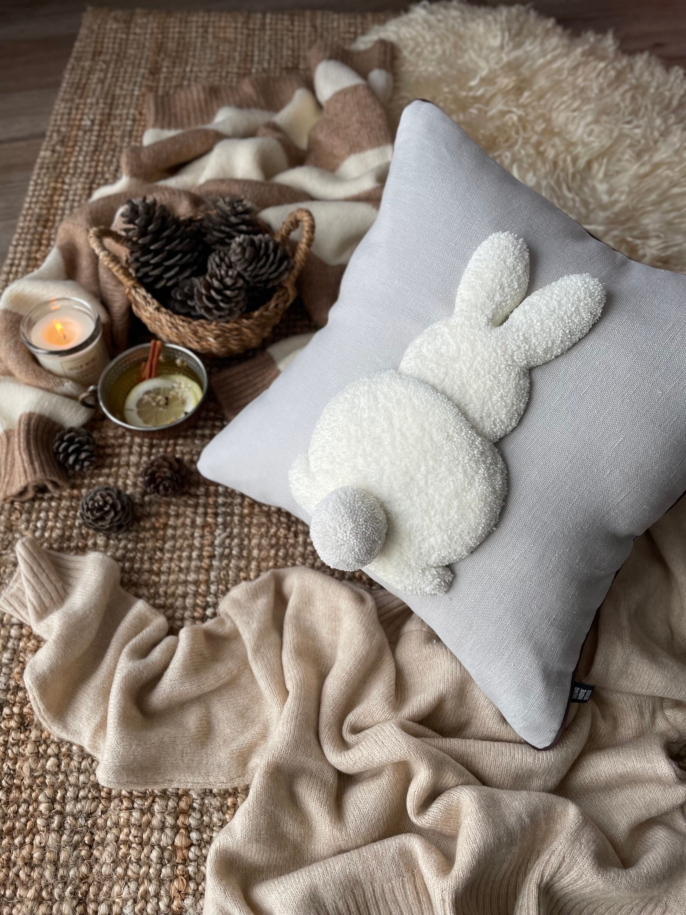 Hand Embroidery Linen Punch Needle Rabbit Pillow, Handmade Pillowcase ...