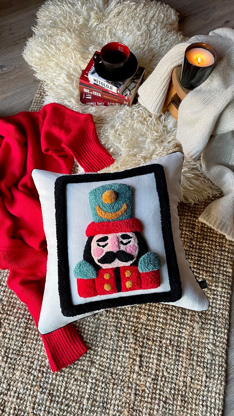 Hand Embroidery Linen Punch Needle Christmas Nutcracker Pillow, Christmas Decor, Tufting Throw ...