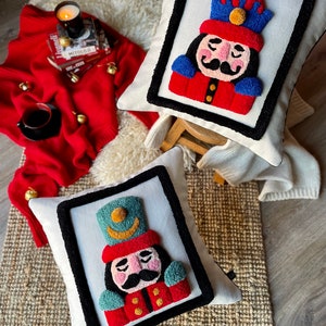 Hand Embroidery Linen Punch Needle Christmas Nutcracker Pillow, Christmas Decor, Tufting Throw ...