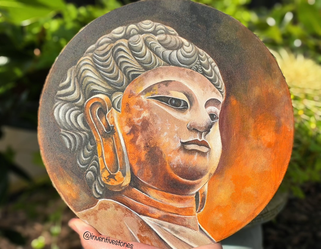 Hand Painted Buddha Stone Rock. Buddha Head Painting. Wall Garden Art ...