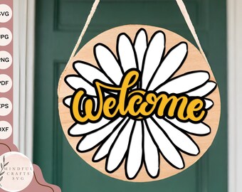Welcome Daisy Sign, Digital Download, Round Door Hanger Svg, Glowforge ...