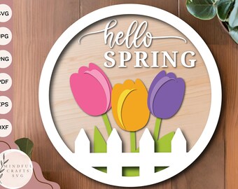 Hello Spring Flower Sign, Round Door Hanger Svg, Spring Welcome Sign ...