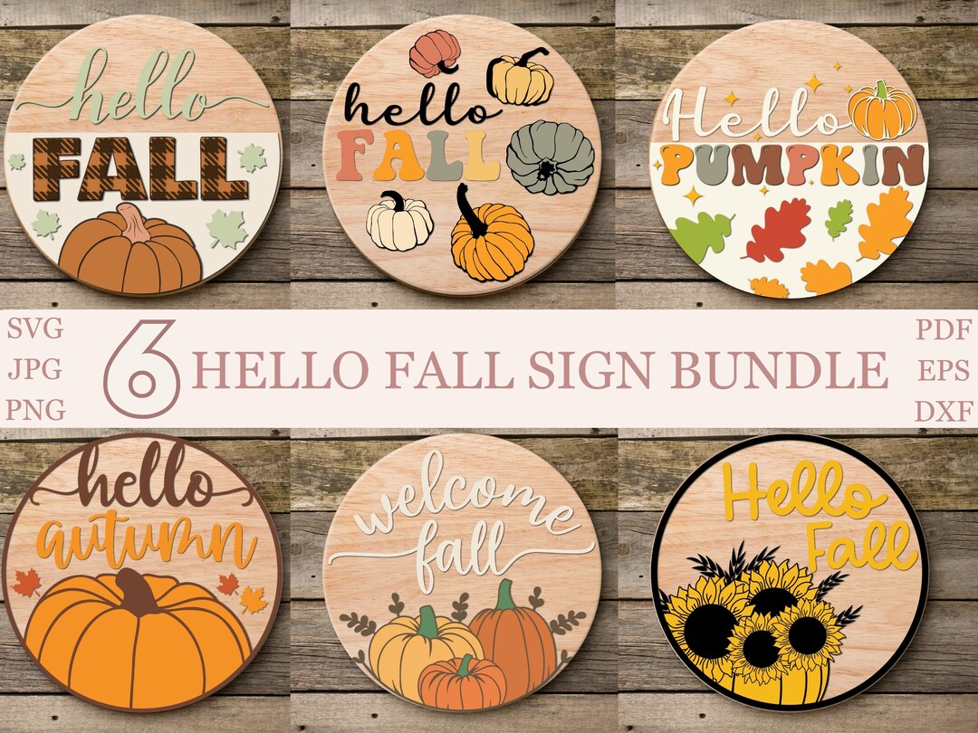 Hello Fall Sign Bundle SVG Digital Download Round Door Hanger Glowforge ...