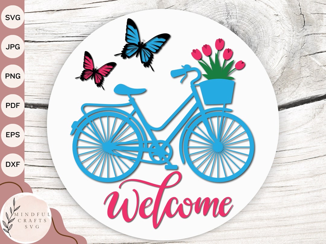 Welcome Bicycle Sign SVG Round Door Hanger Laser Cut File for Glowforge ...