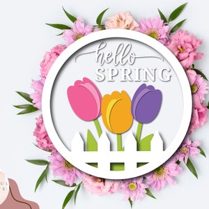 Hello Spring Tulips Sign SVG Round Door Hanger Glowforge Laser Cut File ...