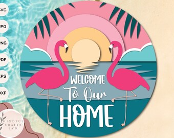 Welcome Flamingo Leaf Sign, Digital Download, Round Door Hanger Svg ...