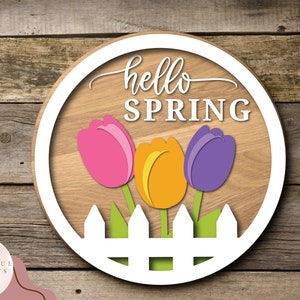 Hello Spring Tulips Sign SVG Round Door Hanger Glowforge Laser Cut File ...