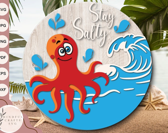 Stay Salty Octopus Sign SVG Digital Download Round Door Hanger Beach ...
