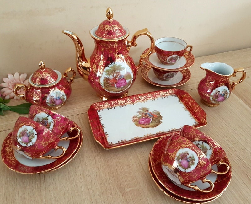Red Bavaria tea set Teaset with 6 teacups decorated with fragonard ...