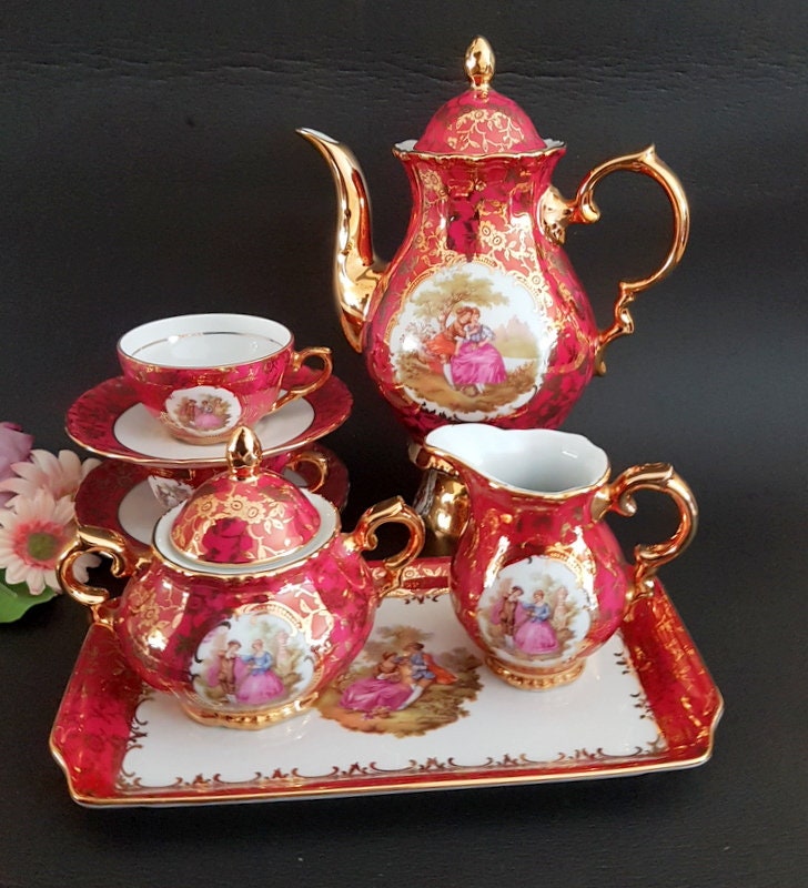 Red Bavaria tea set Teaset with 6 teacups decorated with fragonard ...