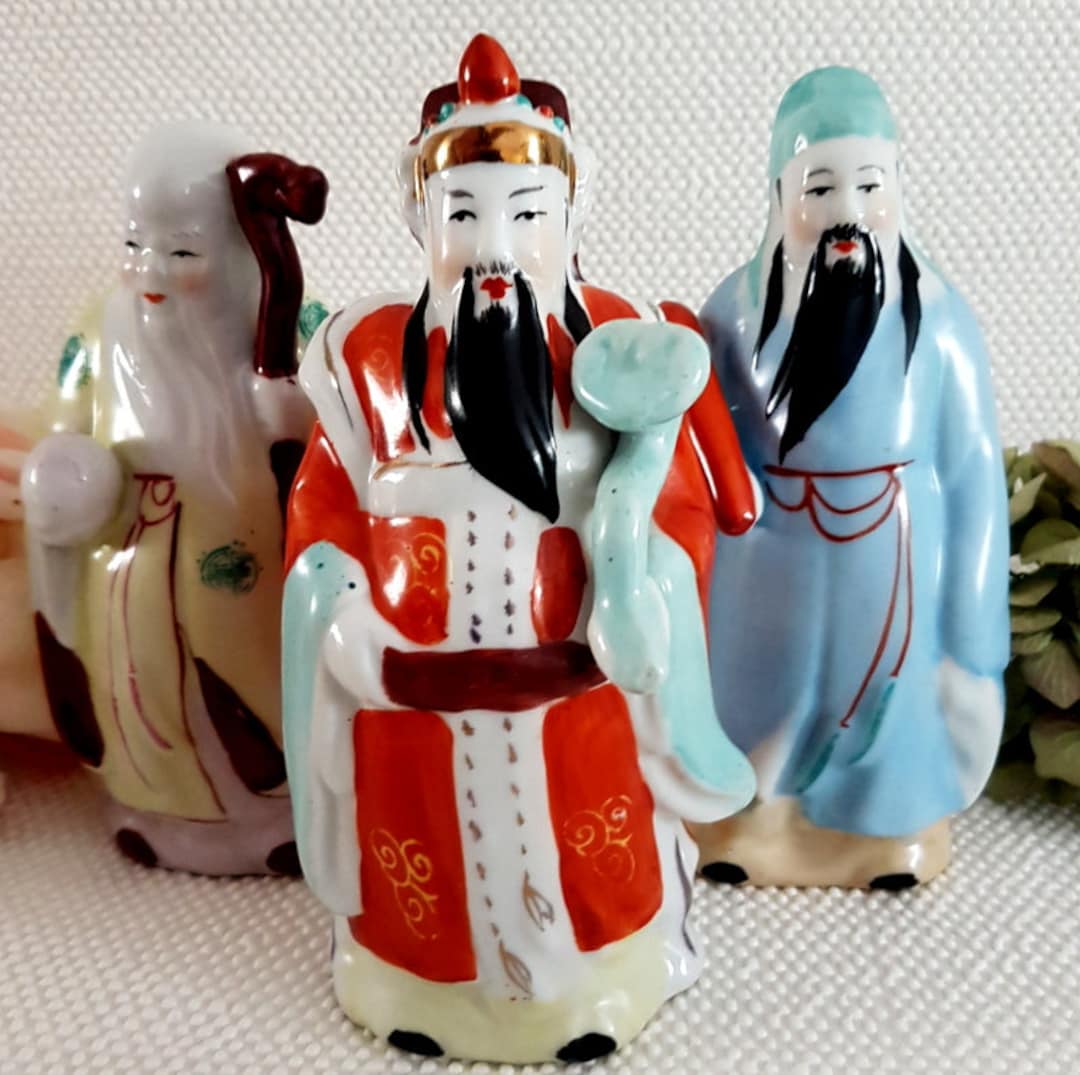 Chinese Feng Shui Porcelain Figurines/ Shou Lu and Fu/ Good Luck Gods ...