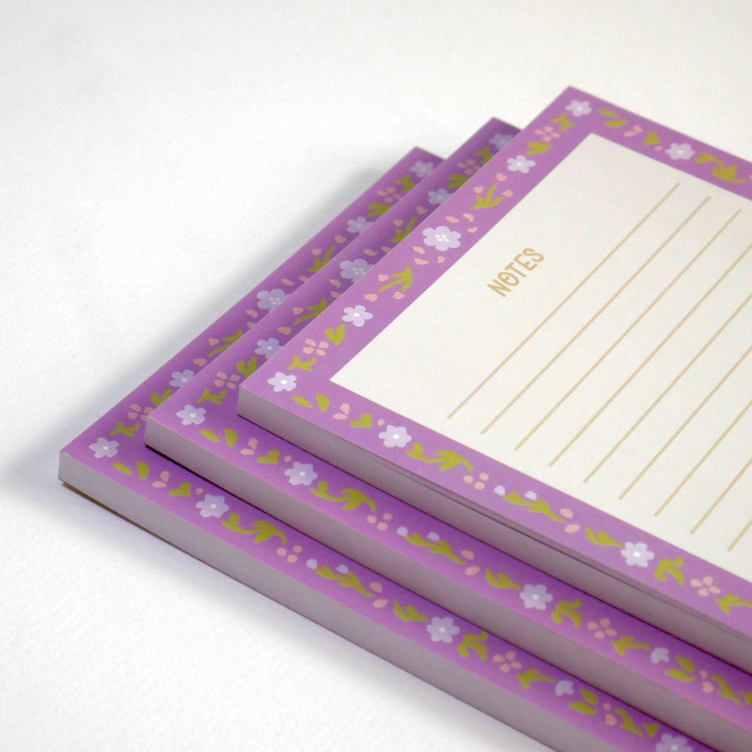Purple Floral Notepad | 8.5” X 5.5” | 50 Sheets | Cute Spring ...