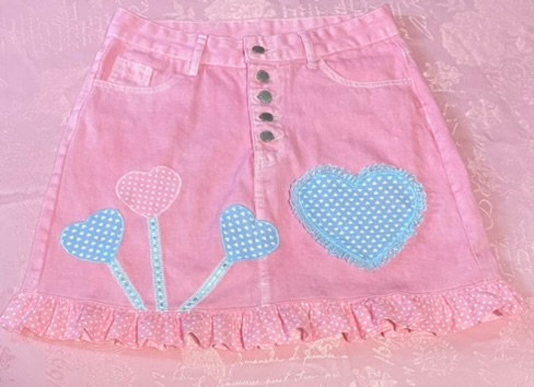 Denim Heart Skirt-m, Pastel Pink, Heart Applique, Cute Skirt, Kawaii ...