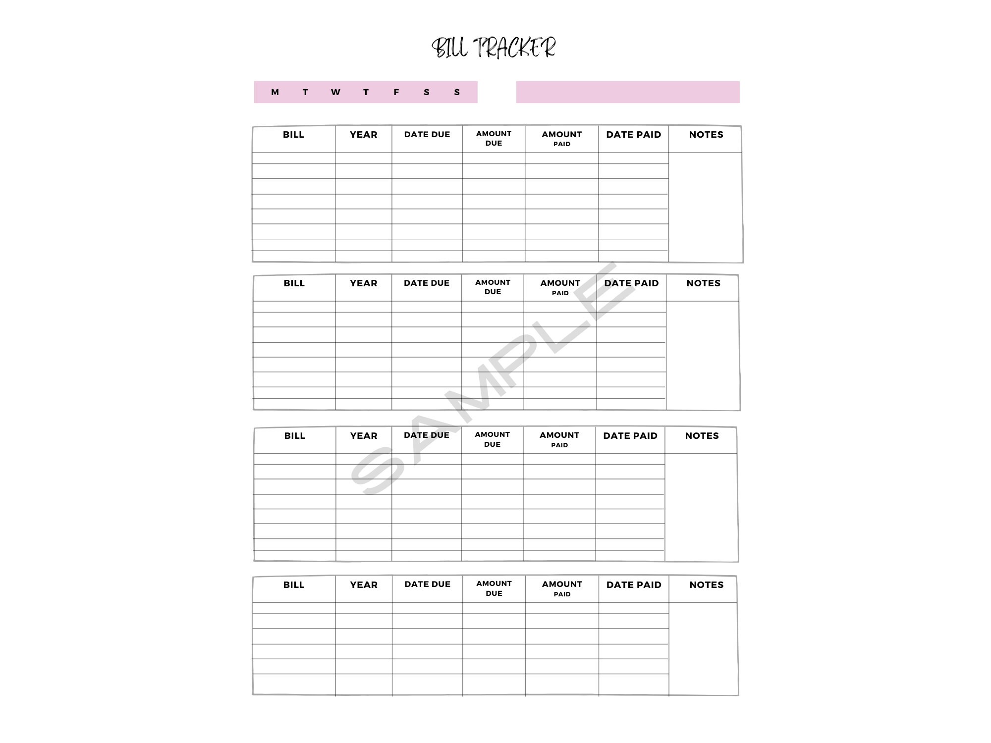 Bill Sheet Tracker Log Digital Download Pdf - Etsy