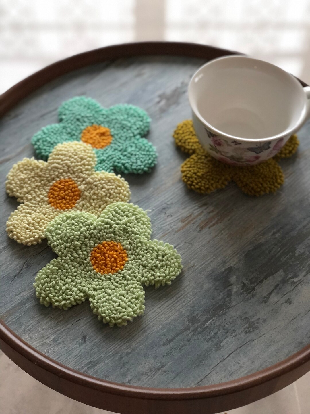 Punch Needle Coaster Pastel Color Daisy Coasters, Handmade Rug Coaster ...