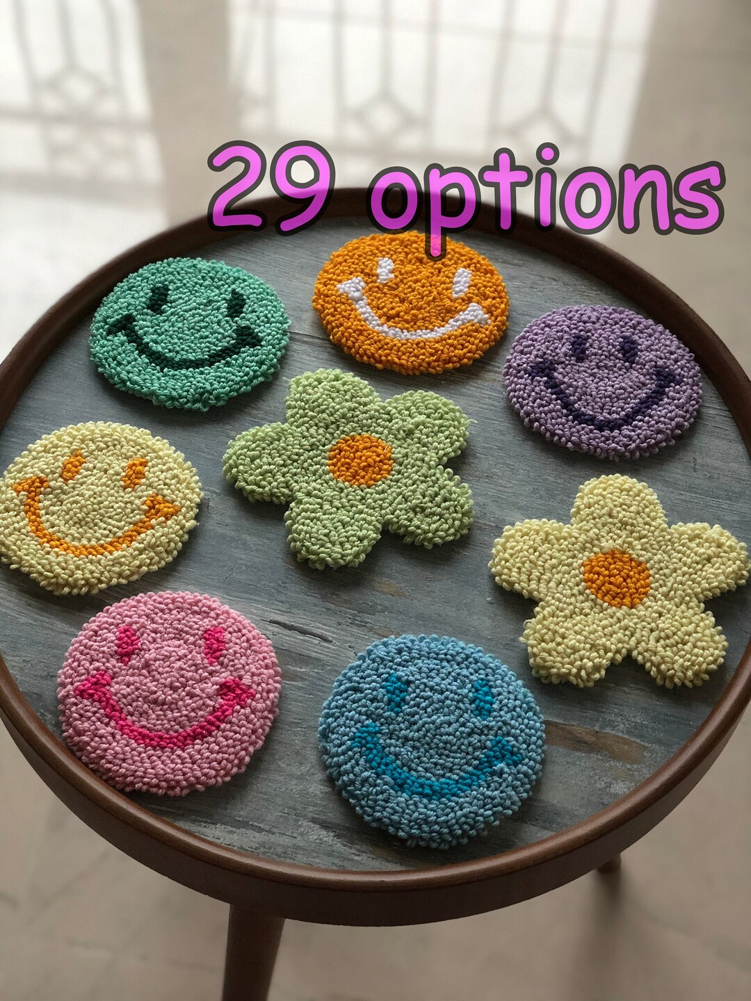 Smiley Face Punch Needle Coasters , Floral Handmade Rug Coaster, Flower ...