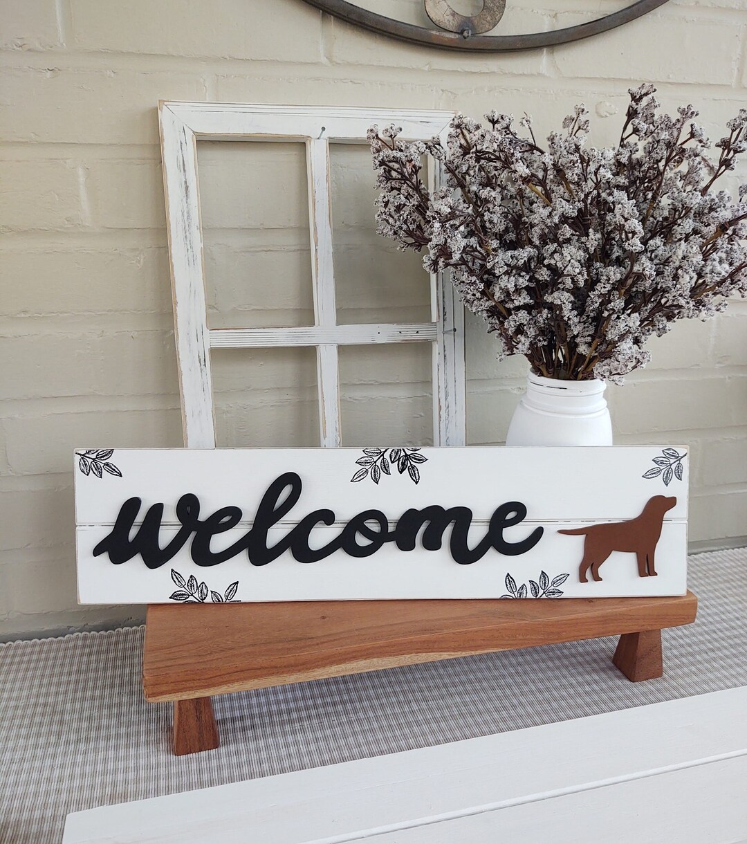 Wood Labrador Retriever Welcome Sign Floral Embossed Hanging Black Lab ...
