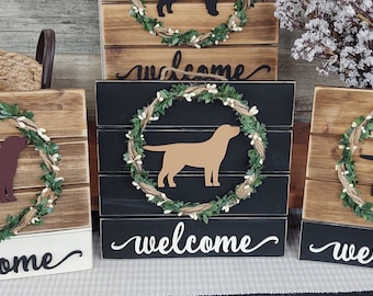 Wood Labrador Retriever Welcome Sign Floral Embossed Hanging Black Lab ...
