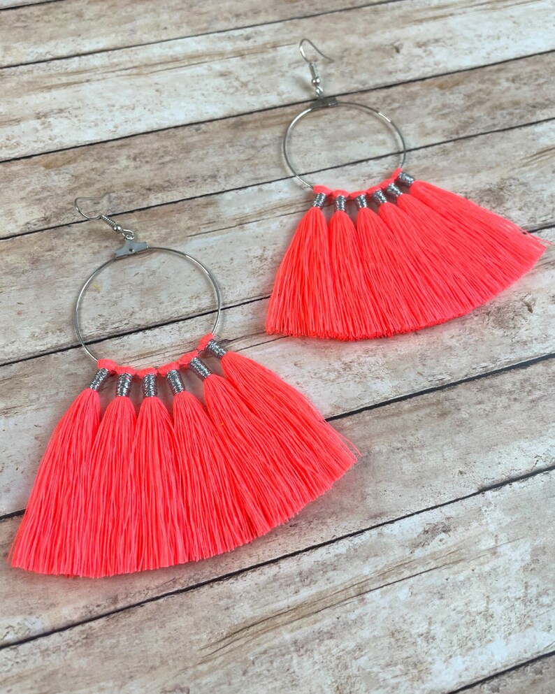 Neon Red Tassel Earrings Neon Earrings Neon Tassel Earrings - Etsy