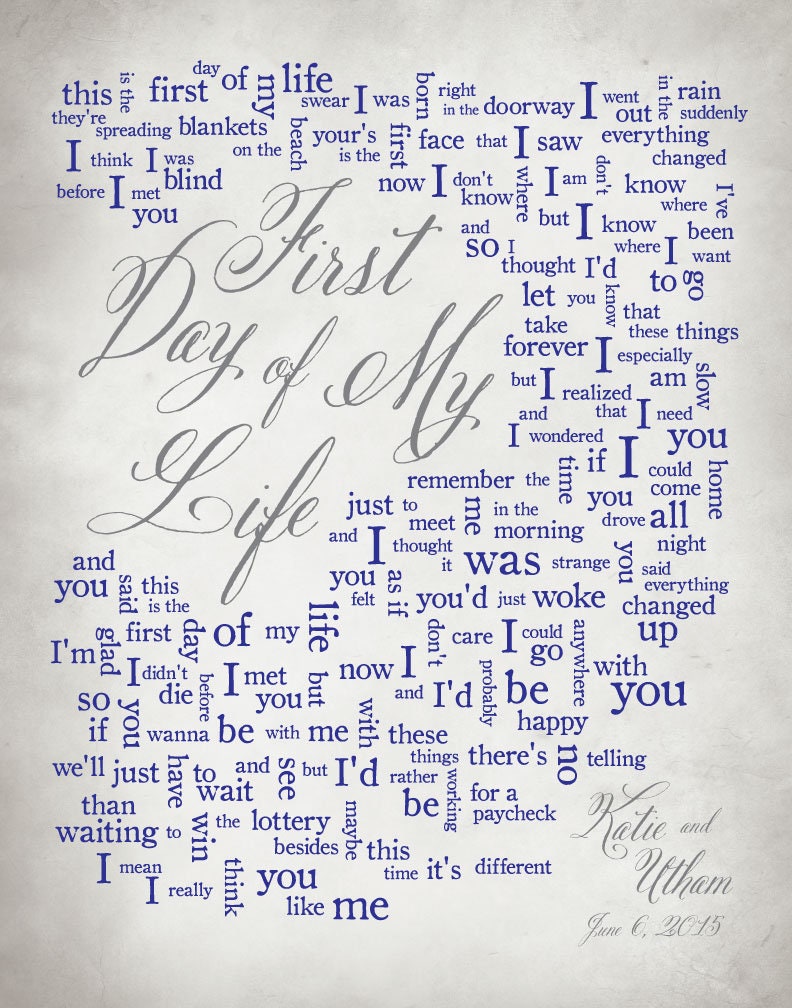First Day of My Life//wedding Song Lyrics Wall Art//wedding Gift//one ...