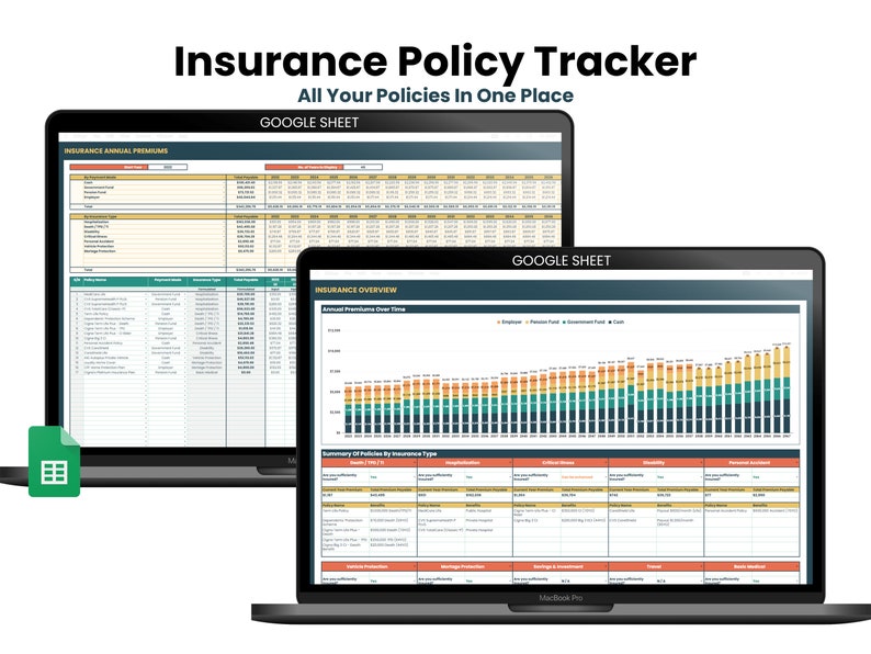 Insurance Policy Tracker [multi-year] | Google Sheets Only | Excel Not ...
