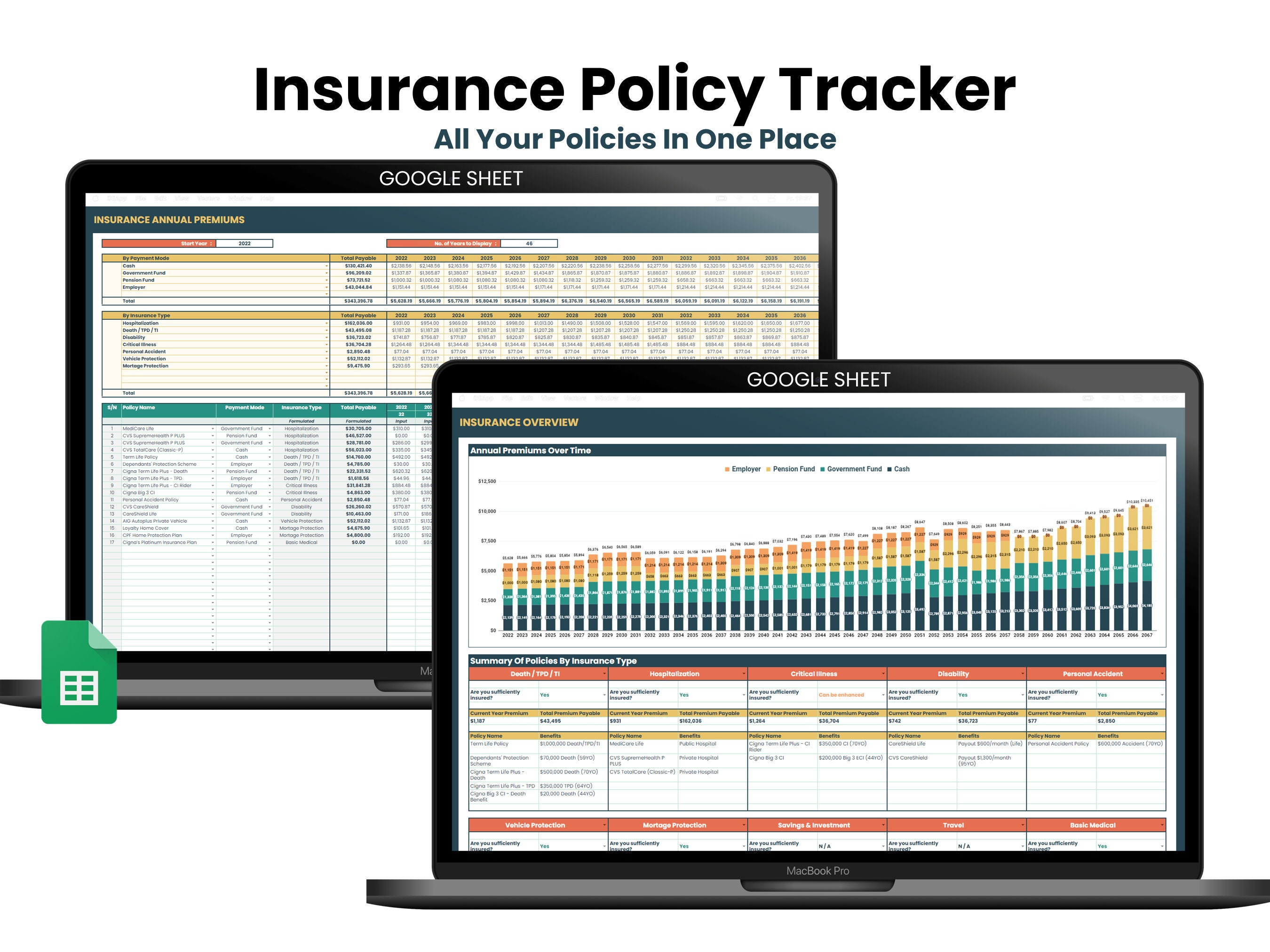Insurance Policy Tracker [multi-year] | Google Sheets Only | Excel Not ...