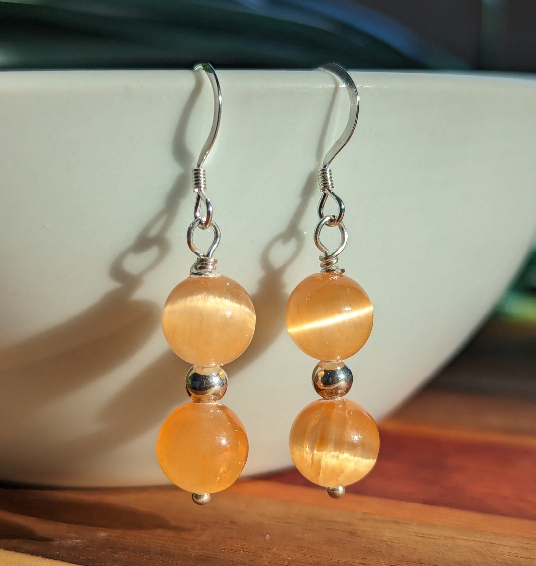 Orange Selenite Earrings in Sterling Silver, Rainbow Selenite Earrings ...