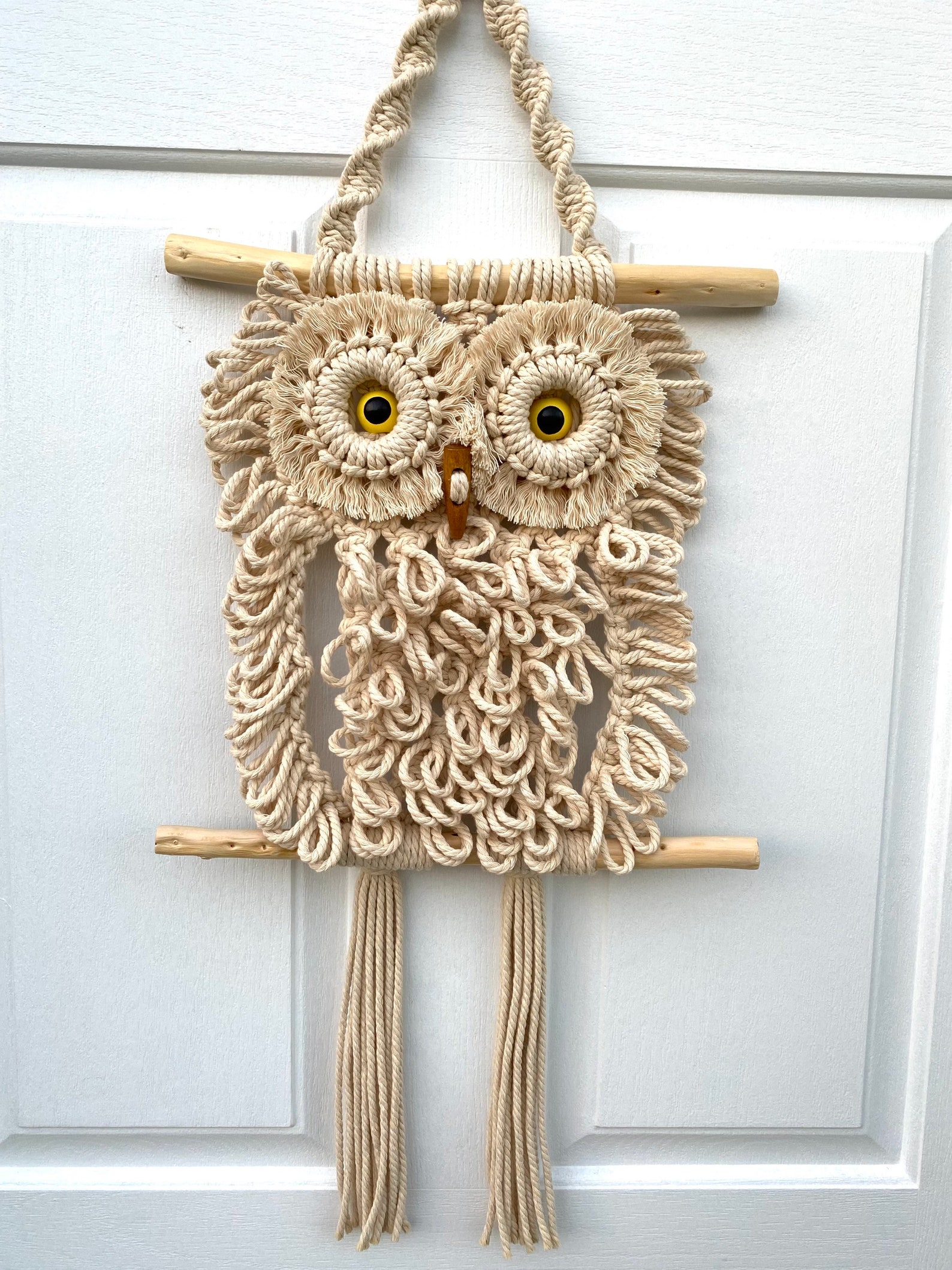 Macrame Owl Wall Hanging Home Decor 70s Style Natural Beige | Etsy