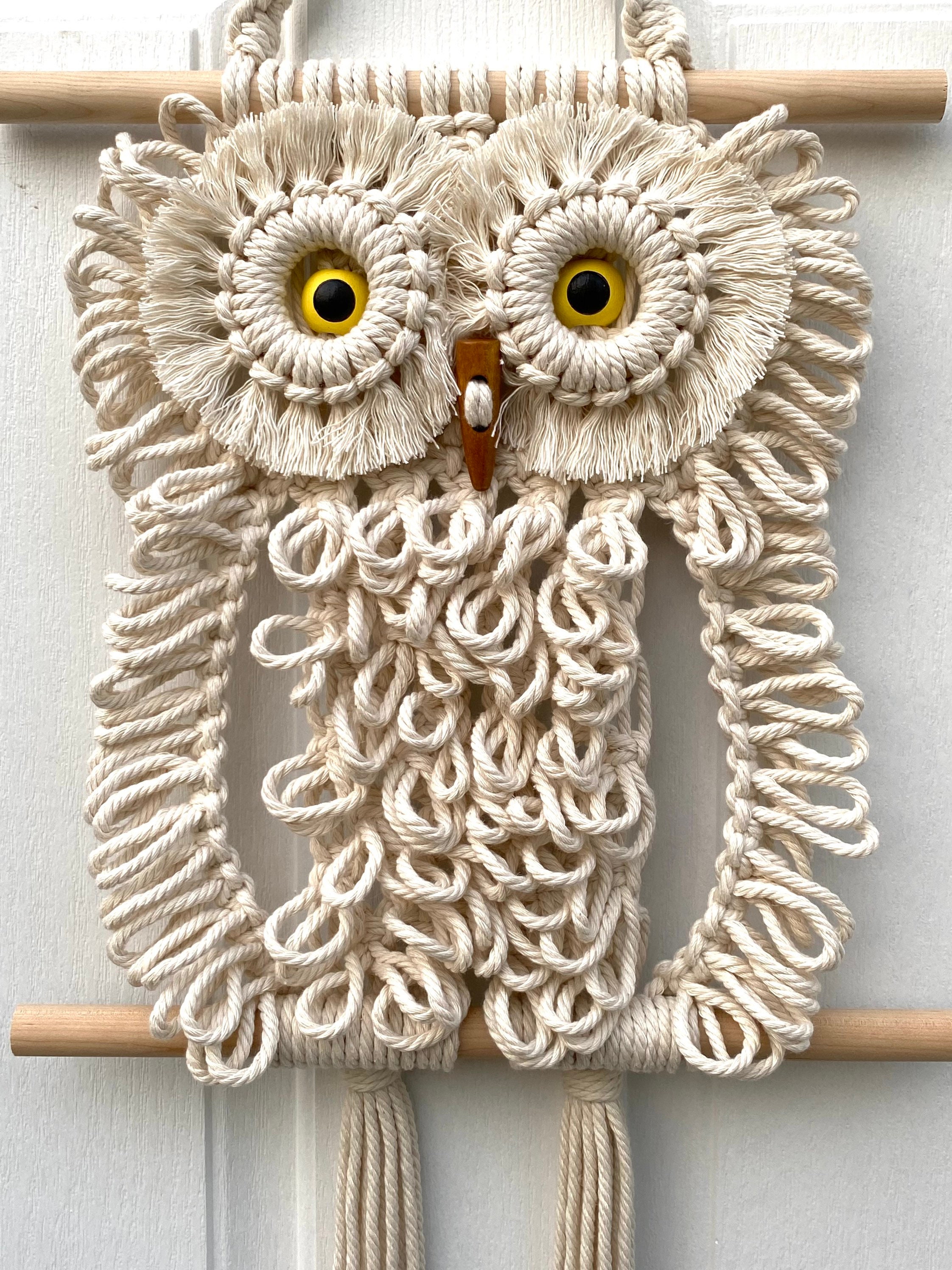 Macrame Owl Wall Hanging Home Decor 70s Style Natural Beige White New ...