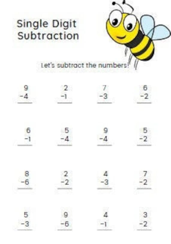 Single Digit Subtraction Worksheet Great Math Worksheet for | Etsy