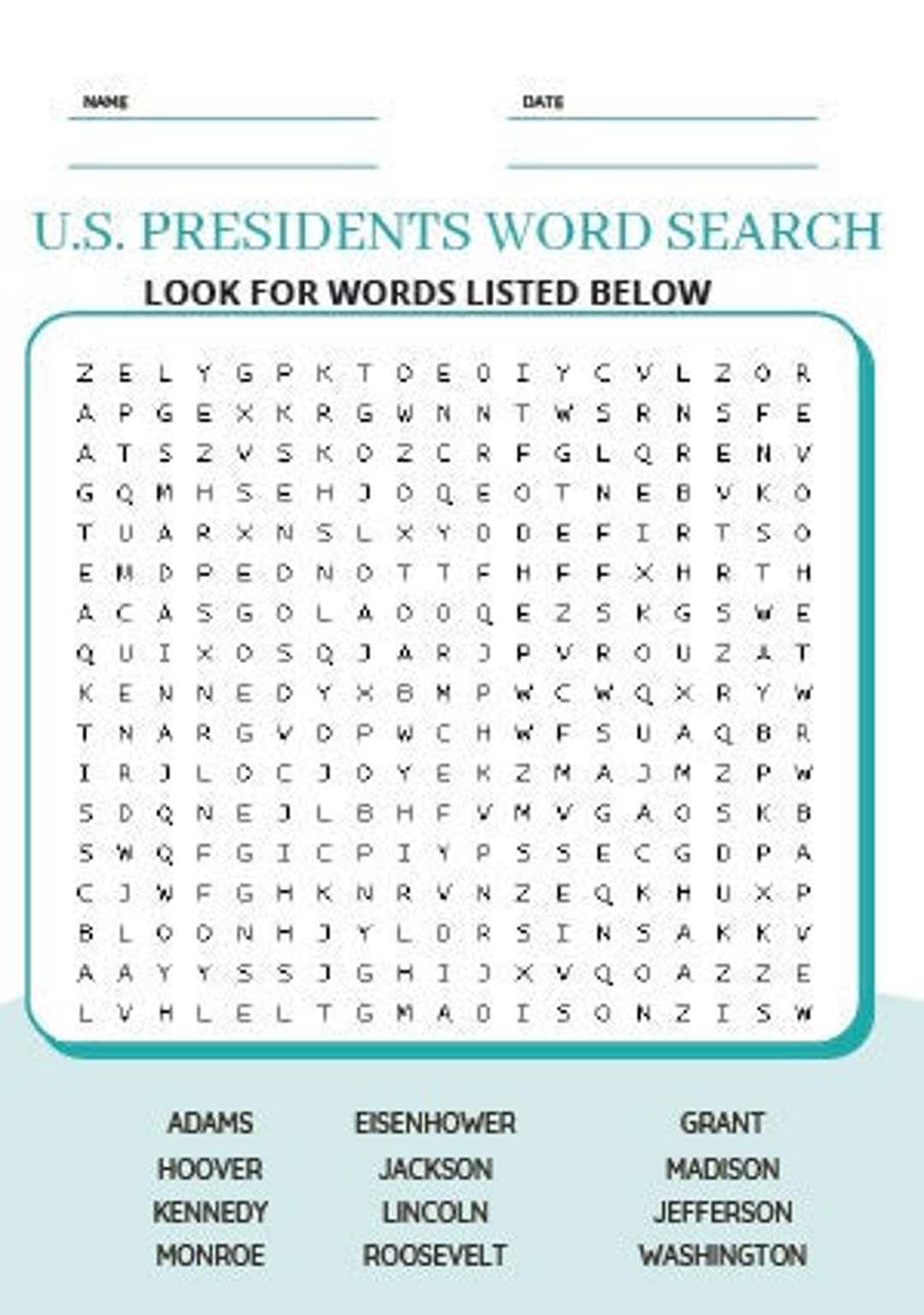 US Presidents Word Search, Teaching Children About U.S. Presidents - Etsy