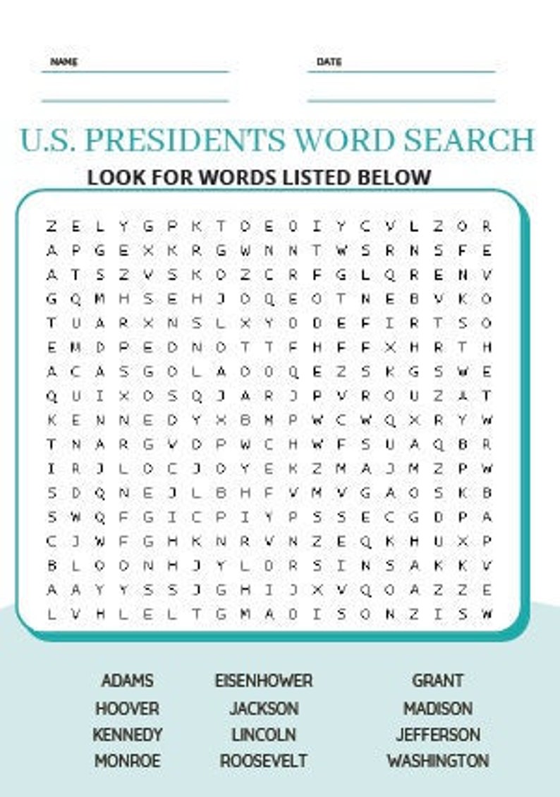 US Presidents Word Search, Teaching Children About U.S. Presidents - Etsy