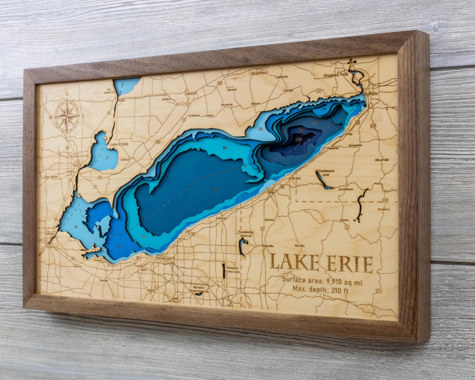 Multilayered Lake Erie Wood Map | Laser Engraved | Hardwood Framed Wall ...