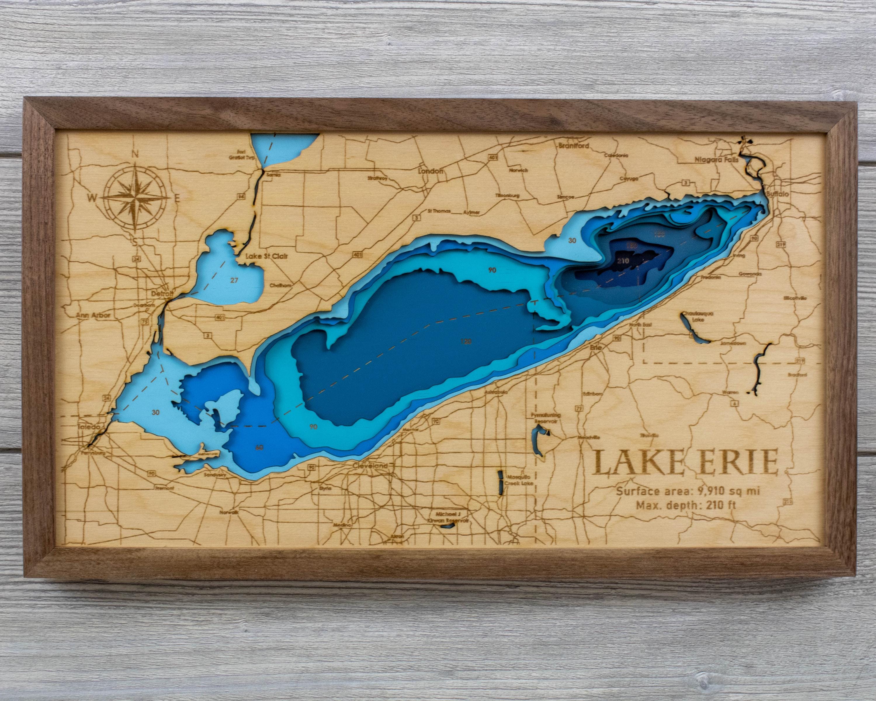 Multilayered Lake Erie Wood Map | Laser Engraved | Hardwood Framed Wall ...